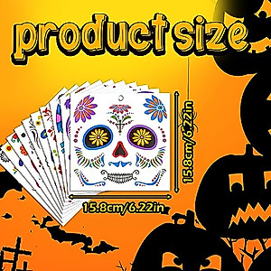 Amaxiu Day of the Dead Face Temporary Tattoos, 10 Sheets Halloween Floral Sugar Skull Temporary Face Tattoos Stickers Makeup Kit on Cheek Eye Forehead Nose Mouth for Halloween Masquerade Party