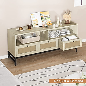 Lamerge 47.2" Rattan TV Cabinet/TV Stand/TV Table with 3 Drawers,Media Console,Boho Farmhouse Entertainment Center,Storage Cabinet for Living Room or Media Room,Natural Oak