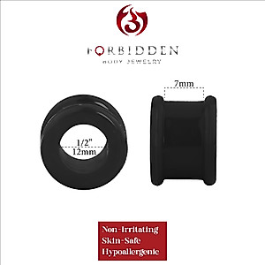 Forbidden Body Jewelry Set of Black 1/2 Inch Ultra Soft Comfort Fit Silicone Ear Gauges, 12mm Flat Double Flared Tunnel Plug Earrings