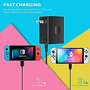 Charger for Nintendo Switch, YCCTEAM Charger AC Adapter Power Supply 15V 2.6A Fast Charging Kit Compatible with Switch OLED/Switch Dock and Pro Controller (Support TV Mode),Black