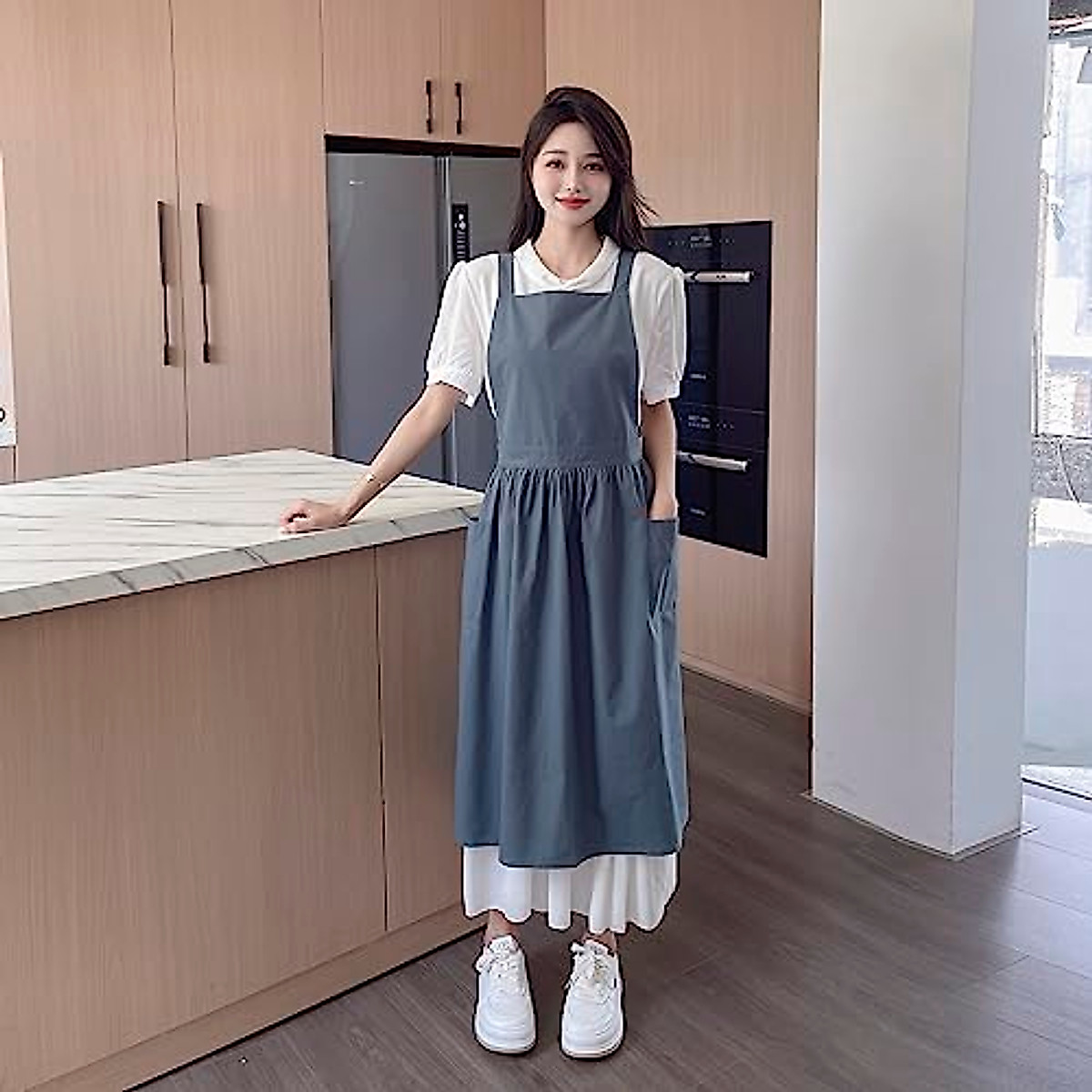 TALIBSA Pinafore Apron Dress，Japanese Cotton Linen Cross Back Apron for Women with Pockets，Pinafore Dress with Waist Ties (Turquoise Blue)