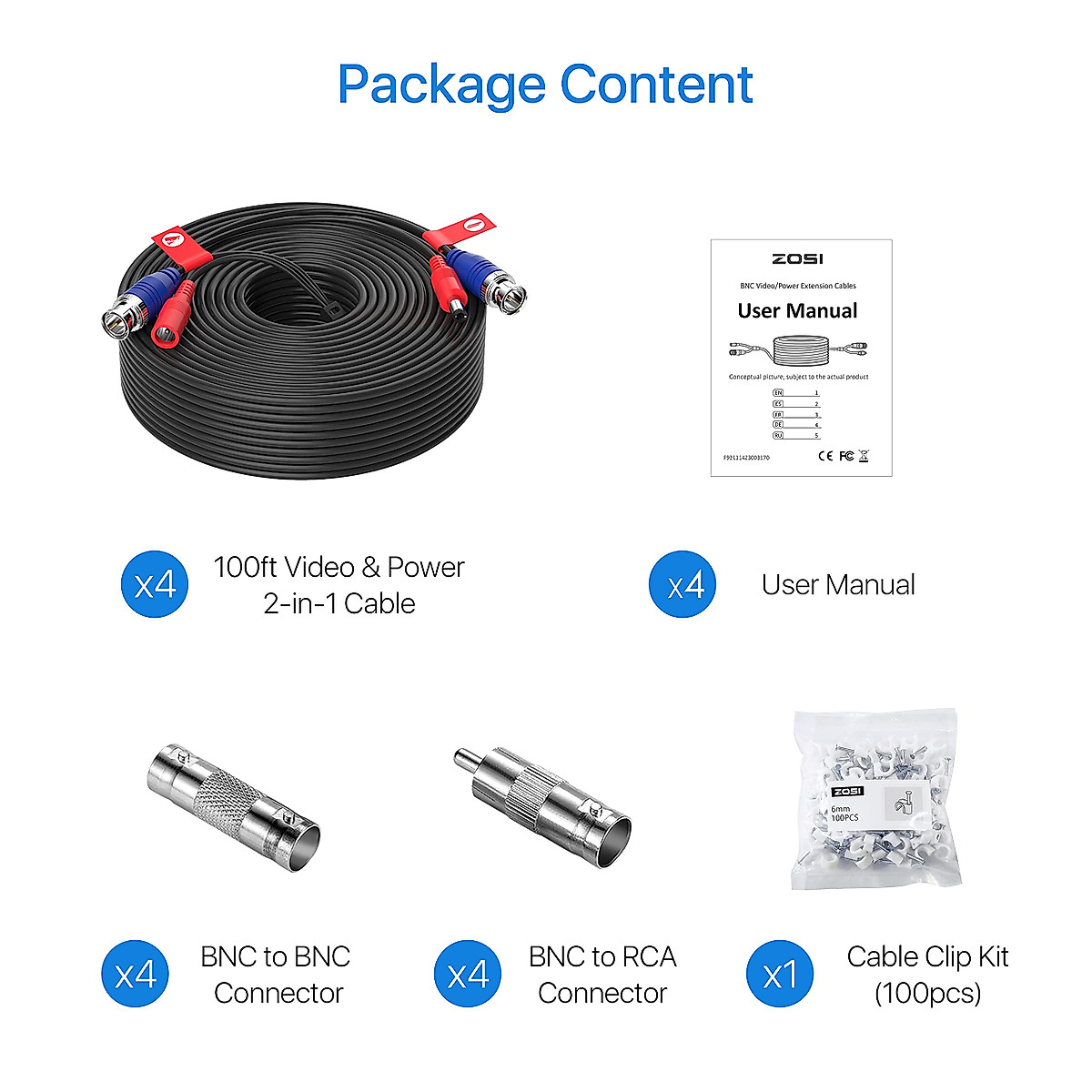 ZOSI 4 Pack 100ft (30 Meters) 2-in-1 Video Power Cable, BNC Extension Surveillance Camera Cables for Video Security Systems (Included 4X BNC Connectors and 4X RCA Adapters)
