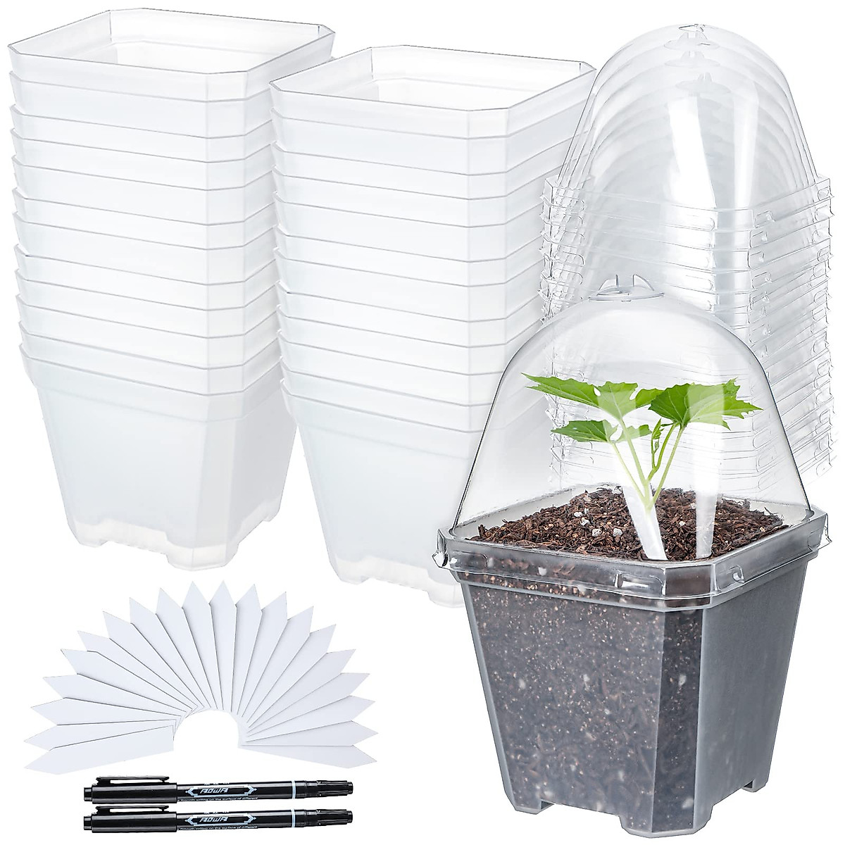 42 Pack 4 Inch Clear Plant Nursery Pot Sets with Humidity Dome and Drain Holes Include 20 Plastic Gardening Pot 20 Labels, 2 Marker Pen Seed Starting Container for Seedlings Vegetables Succulents