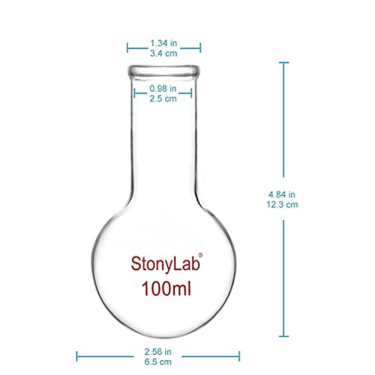 StonyLab Glass 100 ml Long Neck Round Bottom Flask, Borosilicate Glass Heavy Wall Round Bottom Boiling Flask RBF with Long Neck, 100ml