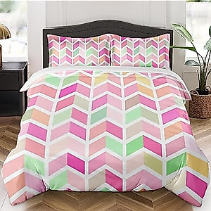 Duvet Cover King Size, Rainbow Colorful Geometric Pink Bedding Set with Zipper Closure for Kids and Adults, Zig Zag Modern Comforter Cover with 2 Pillow Shams for Bedroom Bed Decor