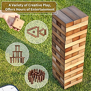 ApudArmis Giant Tumble Tower (Stack from 2Ft to Over 4.2Ft), 54 PCS Pine Wooden Stacking Timber Game with 1 Dice Set - Classic Block Giant Outdoor Game for Teens Adults Family(Brown)