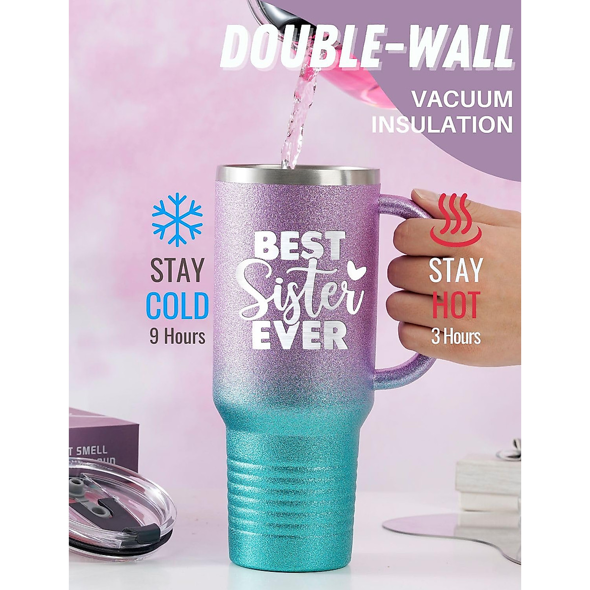 Onebttl Sister Gifts from Sister, 40 oz Insulated Stainless Steel Wine Tumbler with Lid and Straw, Funny gifts for Sis on Mother's Day, Birthday, Christmas, Violet-Blue, Best Sister Ever