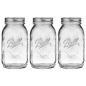 Regular Mouth Mason Jars 32 oz - (3 Pack) - Ball Regular Mouth Quart 32-Ounces Mason Jars With Airtight lids and Bands - For Canning, Fermenting, Pickling, Storage - Microwave & Dishwasher Safe