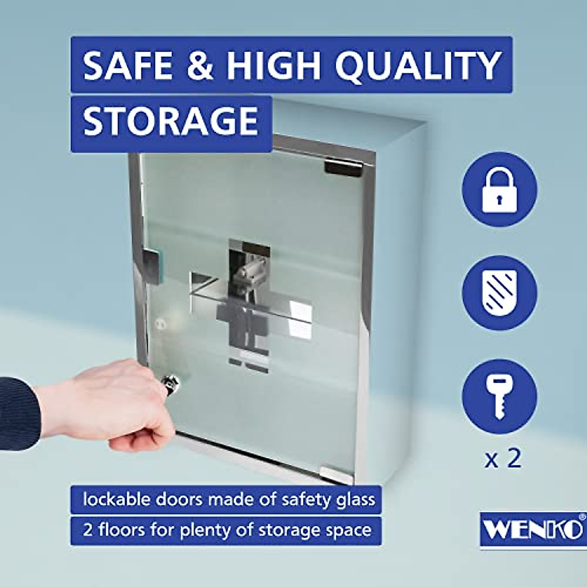 WENKO Medicine Cabinet with Lock, Wall mounted Bathroom Storage, Hanging Medical Cabinet, First Aid Wall Cabinet with Safety Glass Door, Modern, Medium, 11.8 x 15.7 x 4.7 in, Silver Shiny