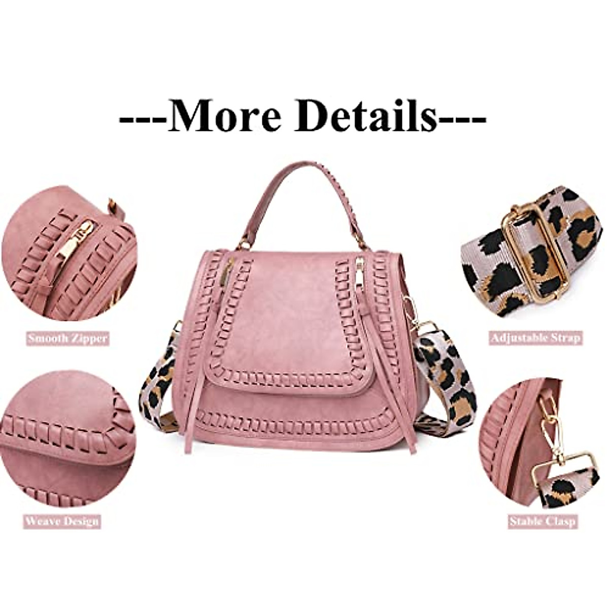 HANDAFA Convertible Satchel Handbag Woven Leopard Shoulder Hnadbag Crossbody With Gituar Strap For Women(Pink)