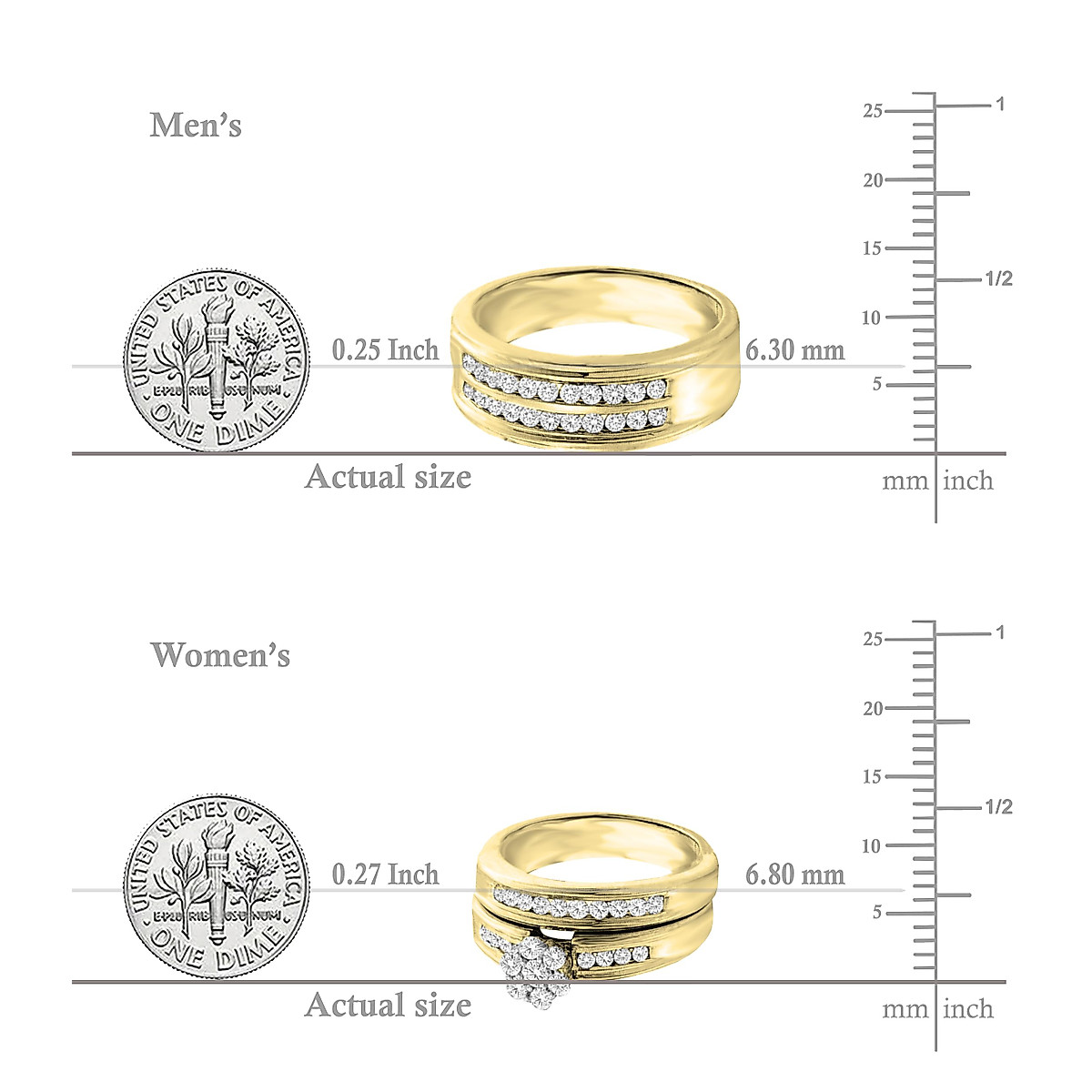 Dazzlingrock Collection 0.95 Carat Round White Diamond Flower Cluster Trio Ring Set for Women & Men in 14K Yellow Gold, W-7 and M-10