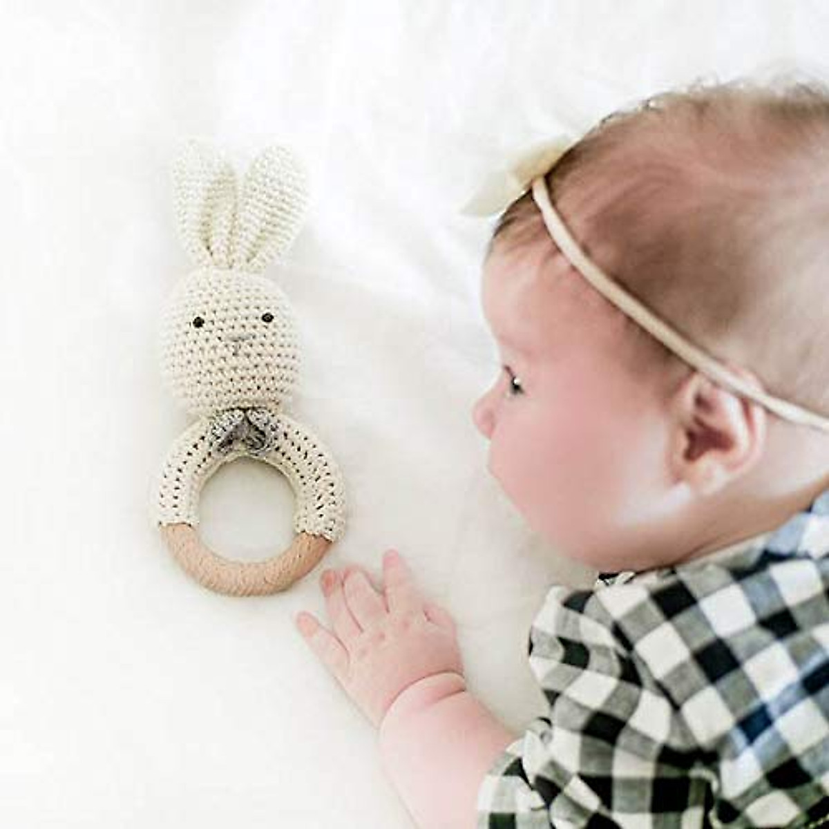 Natural Crochet Teether Toy Rattle for Baby Forest Friends Amigurumi Crochet Bunny Deer Fox on Natural Wooden Teething Ring Rattle and Beaded Pacifier Clip (Mama Bunny)