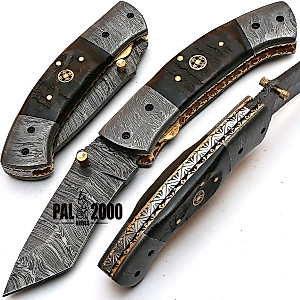 PAL 2000 KNIVES REG-8851 Custom Handmade Damascus Steel Folding Ram Handle Knife With Sheath