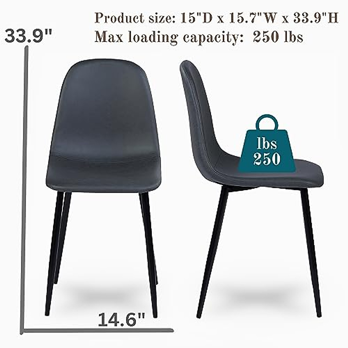 FurnitureR Modern Mid Century Leathaire Upholstered Kitchen Dining Chair Set of 2, Armless Leisure Accent Chair with Black Metal Legs Space Saving for Dining Kitchen Living Room, Grey, 2PCS