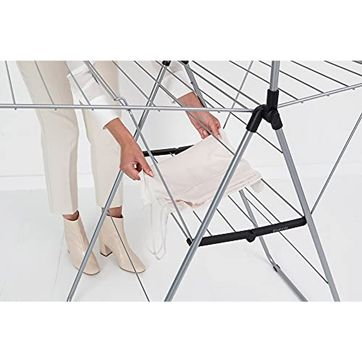 Brabantia HangOn Laundry Drying Rack with Garment Rail (82ft / Metallic Gray) Compact, Foldaway, Adjustable Indoor Stainless Steel Clothes Horse