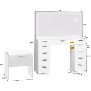 DWVO Vanity Desk with LED-Lit Mirror & Lights, Makeup Vanity Station with 11 Compartments and Magnifier, 46'' Dressing Table with Electrical Socket and Seating Storage for Bedroom, Frost White