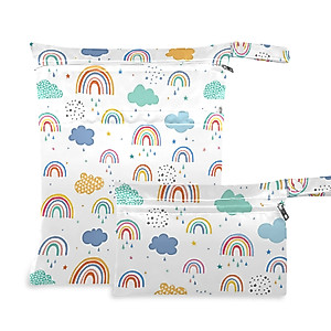 JXDXHCW Waterproof Wet Bag 2 Pack Cute Cartoon Rainbow Pattern Cloth Diaper Bag Travel Swimsuit Pool Gym Clothes Cosmetic 2 Zipper Pockets Dry Wet Pouch Set