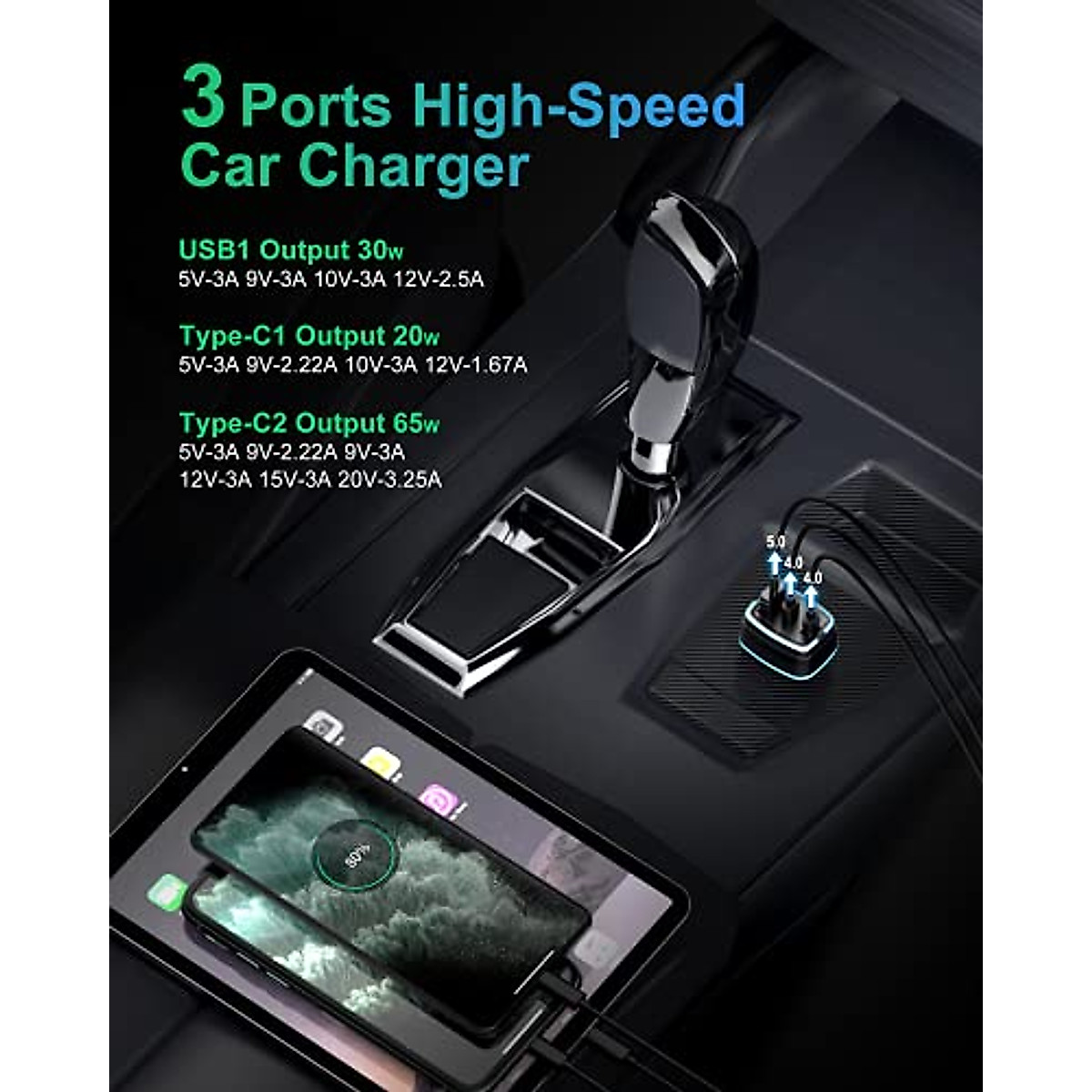 USB C Car Charger 115W, KENREE 3 Ports USB C USB A Car Charger PD 65W 45W QC 20W Fast Car Charger for iPhone 12/13/14 Pro Max XR 7 8, Samsung Galaxy S21 S22 Ultra Note
