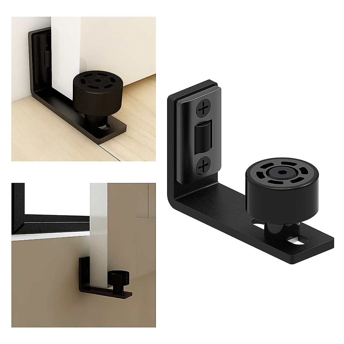 Adjustable Floor Guide for Sliding Barn Door Bottom Roller Wall Mount Double Wheel No Punching Required System, Black 1 Pack, Smoothly and Quietly, Easy to Install
