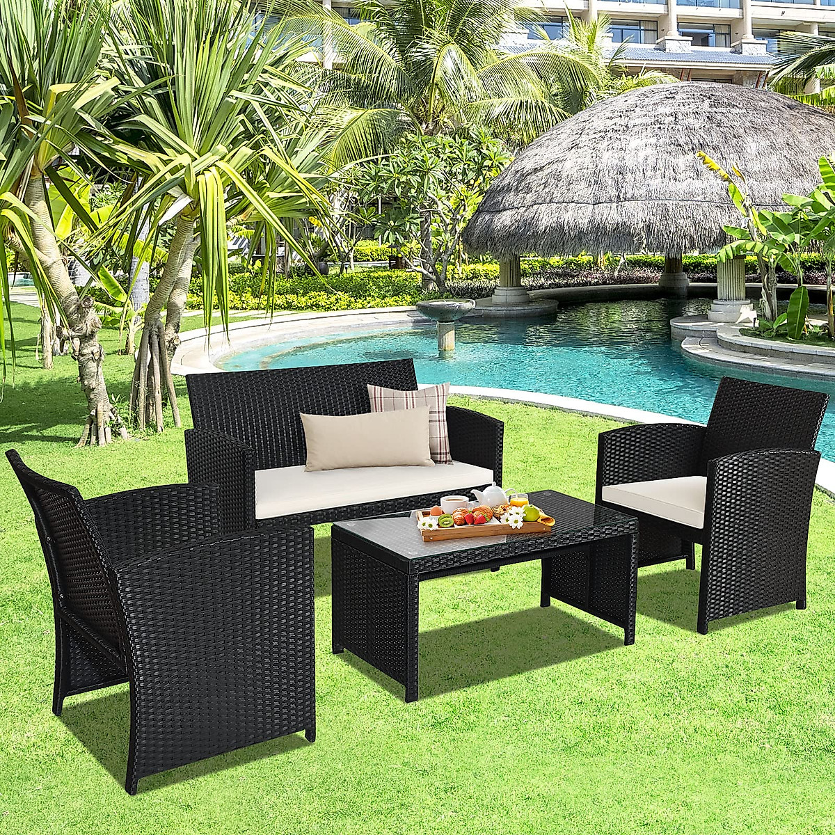 Goplus 4-Piece Rattan Patio Furniture Set, Outdoor Wicker Conversation Sofa with Weather Resistant Cushions and Tempered Glass Tabletop for Lawn Backyard Pool Garden (White(Black Wicker))