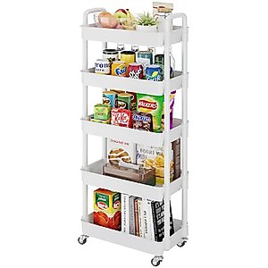 Buzowruil 5-Tier Utility Rolling Plastic Storage Cart Trolley with Lockable Wheels,Multifunctional Storage Shelves for Kitchen Living Room Office,White