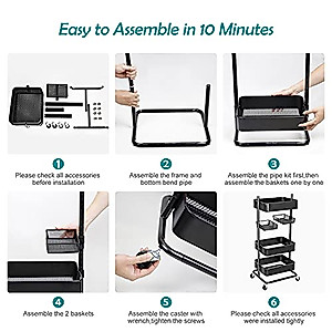 Anstar 3-Tier Rolling Utility Cart with 2 Rotatable Trays Adjustable Multifunction Storage Cart with Lockable Wheels Easy Assembly Makeup Cart Trolley Cart for Kitchen Bathroom Garage Salon (Black)