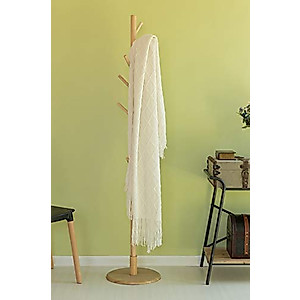 Decorative Diamond Pattern Knit Throw Blanket with Fringe, White