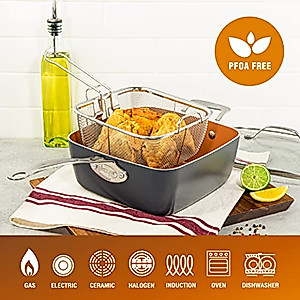Gotham Steel Nonstick Square Deep Frying Pan, 9.5” Large Frying Pan & Cooking Pan with Ceramic Nonstick Coating, 4 Pc Titanium Ceramic Deep Frying Pan with Lid, Basket & Steamer Tray, Dishwasher Safe