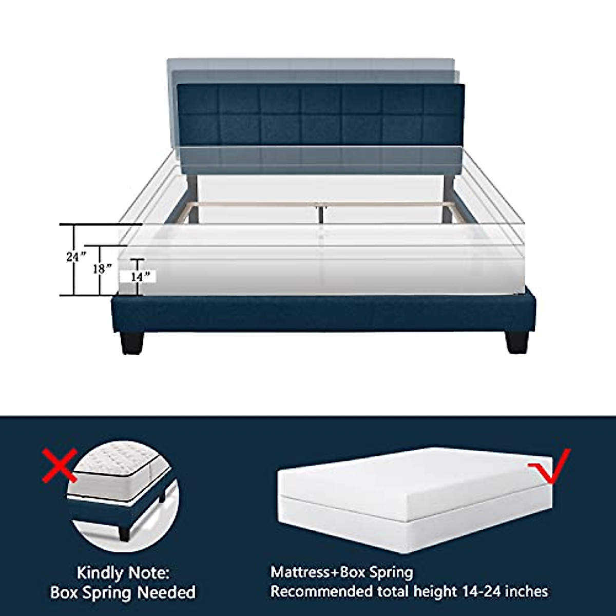 Allewie Queen Size Panel Bed Frame with Adjustable Headboard for High Profile/Fabric Upholstered/Square Stitched Padded Headboard/Box Spring or Bunkie Board Required/Navy Blue