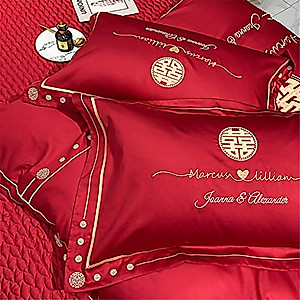OQHAIR 60 Long-Staple Cotton Double Happiness Embroidered Four-Piece Set Red Cotton Duvet Cover Bed Cover Wedding Simple Bedding (Color : B 5-Piece Suit, Size : 1.5m) (A 6 Piece Suit)