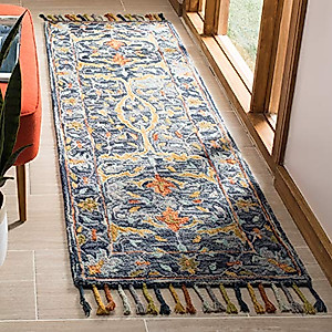 SAFAVIEH Aspen Collection 2'3" x 7' Blue / Rust APN116M Handmade Boho Braided Tassel Wool Runner Rug
