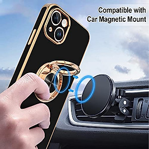 Hython Case for iPhone 14 Plus Case with Ring Stand [360° Rotatable Ring Holder Magnetic Kickstand] [Support Car Mount] Plated Gold Edge Soft TPU Luxury Shockproof Protective Phone Case Cover, Black