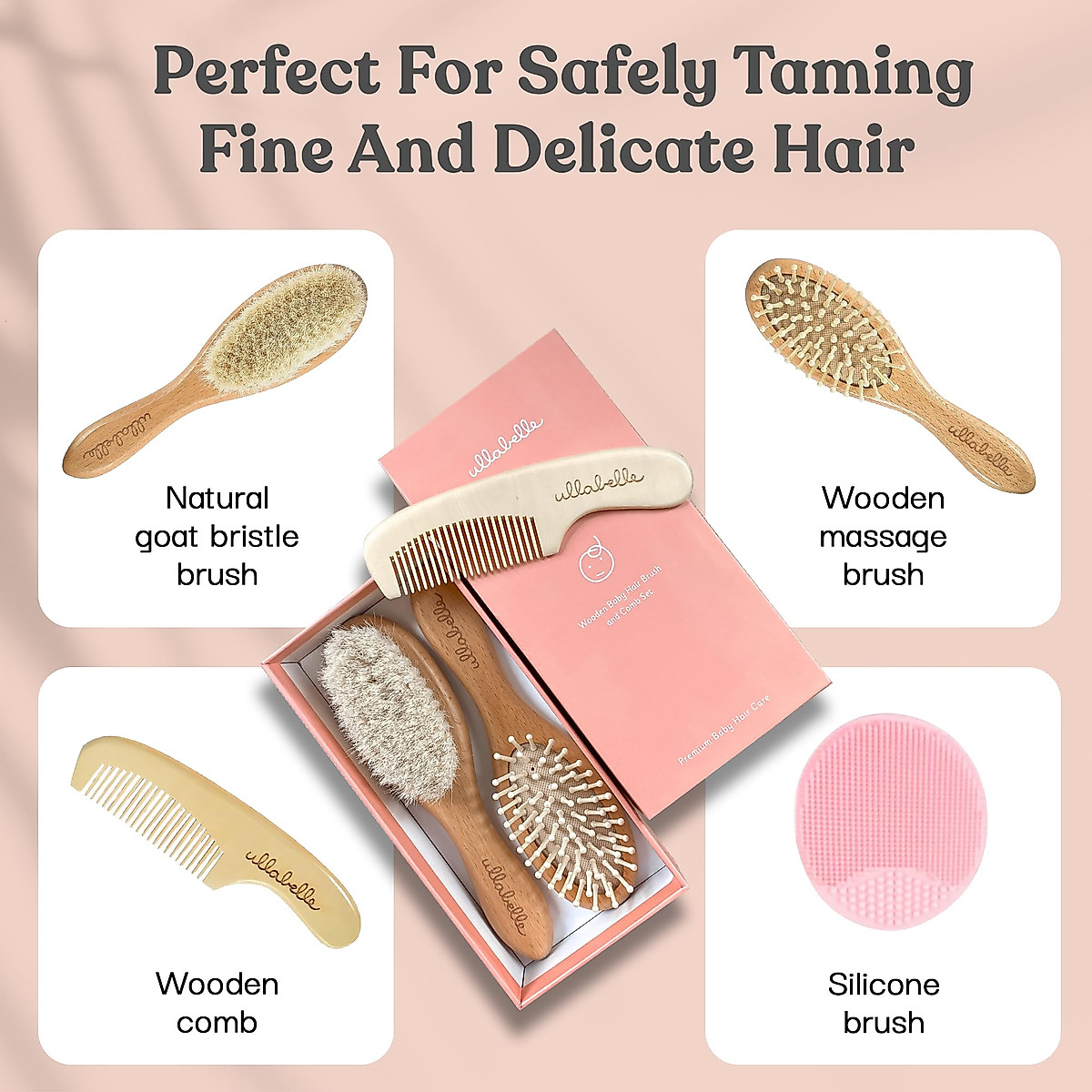 Ullabelle 4 Piece Wooden Baby Hair Brush and Comb Set for Newborns & Toddlers in Chic Gift Box - Ultra Soft Natural Goat Hair and Wood Baby Brush Set Prevents Cradle Cap - Perfect Registry Gift (Pink)