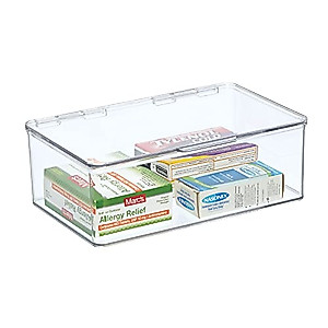 mDesign Plastic Household Storage Bin Box Organizer Container with Hinge Lid for Kitchen, Office, Bathroom, Bedroom, Hold Food, Snacks, Makeup, Toys, Work Supplies, Accessories - Clear
