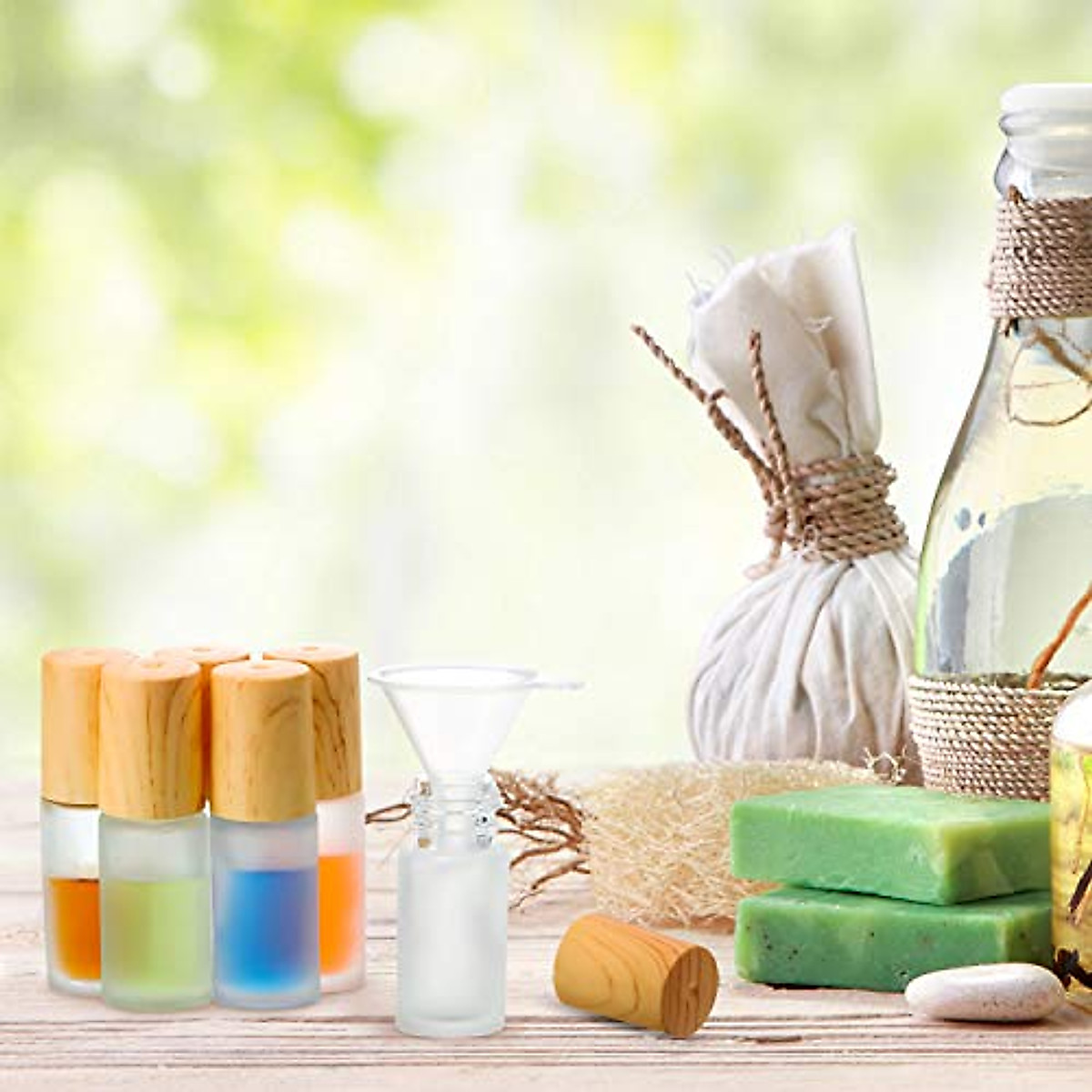 10 Piece Frosted Glass Roller Bottle Bulk with Imitation Wood Grain Plastic Cap for Essential Oils Roll-on Bottle with Stainless Steel Roller Ball, 10 Piece Plastic Pipette and 2 Piece Funnel (5ml)