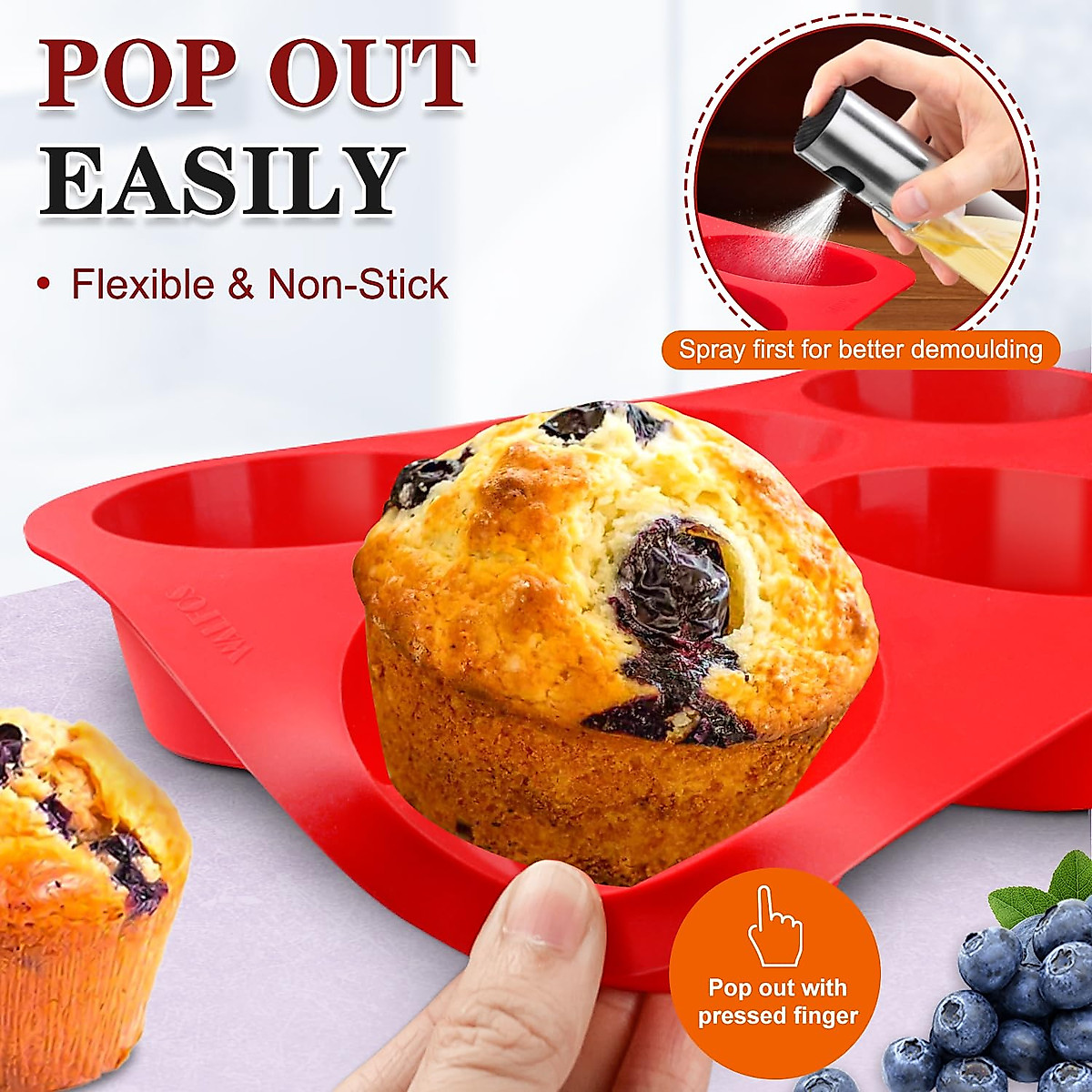 Walfos Silicone Texas Muffin Pan Set- 6 Cup Jumbo Silicone Cupcake Pan, Non-Stick Silicone, Just PoP Out! Perfect for Egg Muffin, Big Cupcake - BPA Free and Dishwasher Safe, Set of 2
