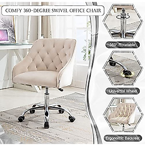 Baysitone Velvet Home Office Desk Chair, Modern Swivel Task Armchair with Adjustable Height, Upholstered Tufted Accent Computer Chair for Home and Office Working or Studying, Beige