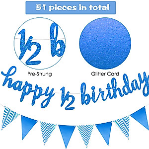 Half Birthday Decorations 6 Months Baby Boy Banner Cupcake Topper Pick 1/2 Half Year Cake Topper Triangle Flag Banner Confetti Balloons for Girl Boy Baby Shower (Dark Blue)
