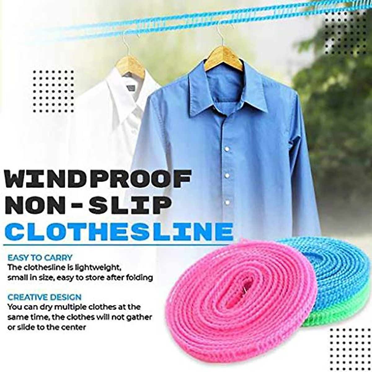 iCJJL Clothesline Adjustable Windproof Clothes Drying Rope Portable Hanging Rope for Home Use, Camping Travel, Indoor Outdoor Laundry Plastic Non-Slip(8M) (Blue)