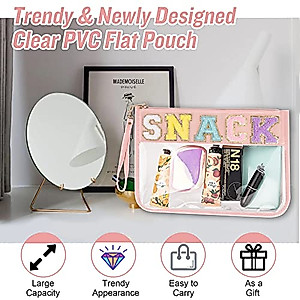 Chenille Letter Clear Snack Bags Purse Pouch, Monogram PVC & PU Clear Zipper Pouch with Wristlet, Waterproof Portable Glitter Snacks Makeup Beach Pouch Toiletry Bag for Women Girls (SNACKS-Pink)