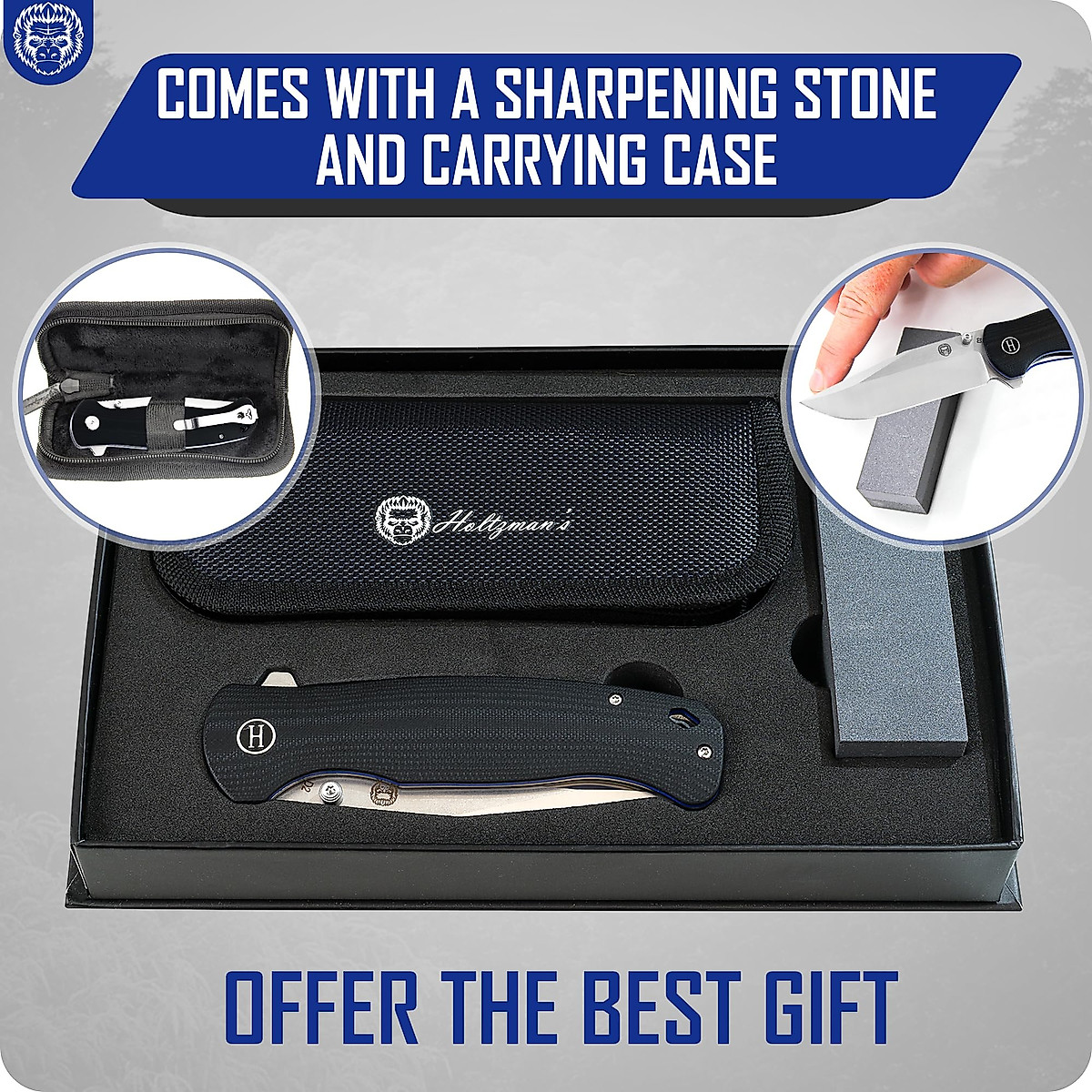 Holtzman's Gorilla Survival 'Wrangler' Folding Knife featuring D2 Steel Blade with G10 Handle in Gift Box Set (Silver+Blue)