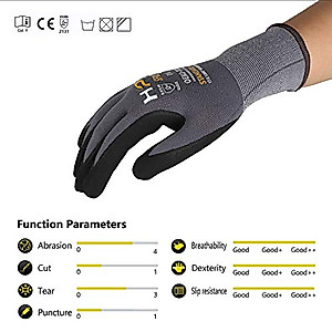 HPHST Nitrile Work Gloves SF001TS,Micro Foam Technology & Spandex Liner Nitrile Coated,CE Approved 15 Gauge Ergonomic Design,Smart Touch,Thin Machine Washable,Grey Medium 12 Pairs Pack
