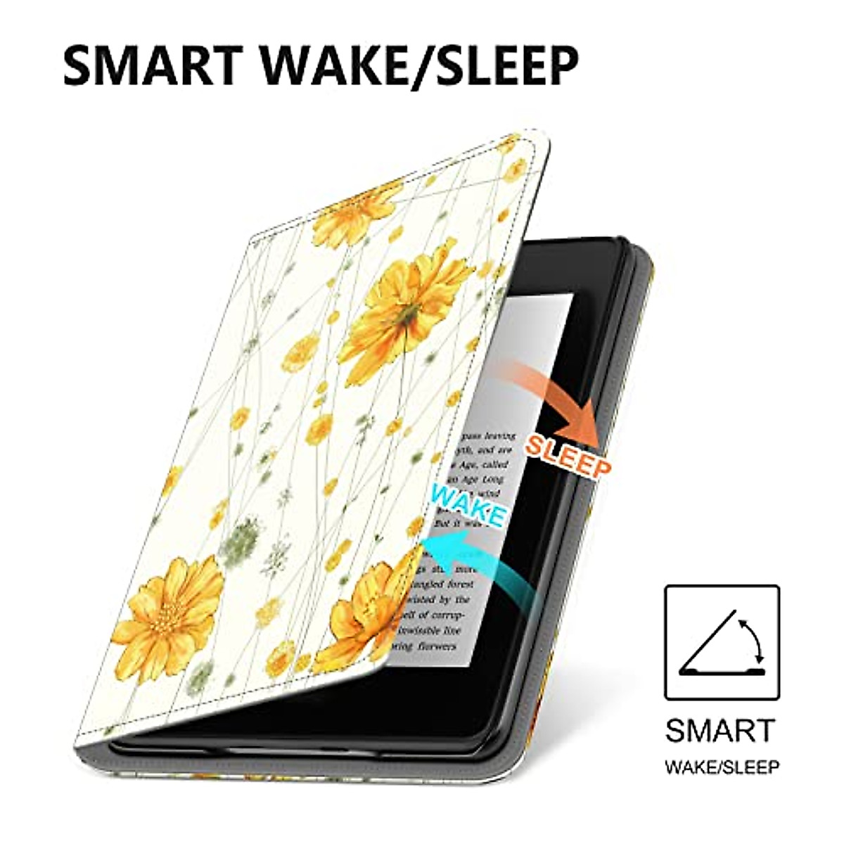 Ayotu Stand Case for 6" All-New Kindle 11th Generation 2022 Release, Premium PU Leather Cover with Hand Strap, Auto Sleep/Wake and Back Cover Adsorption, Only for Basic Kindle 2022, Yellow Flowers
