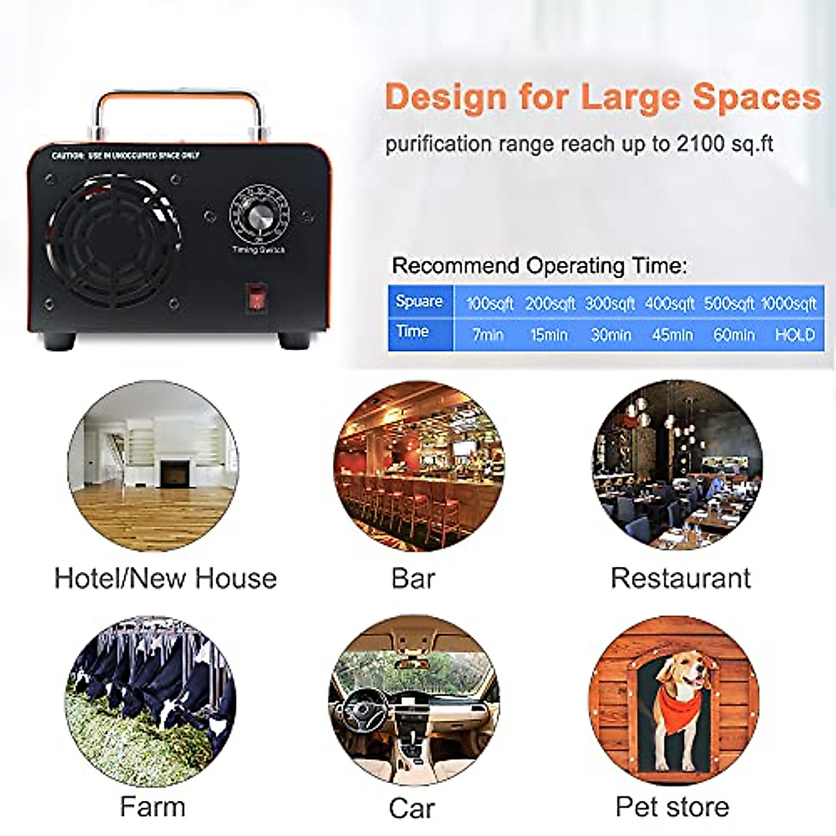 Commercial Ozone Generator 10,000 mg/h, Industrial Ozone Machine Odor Removal, Car Smoke Deodorizer, Portable O3 Purifier for Home Rooms, Air Eliminator for House, Basement, Bar (Orange)