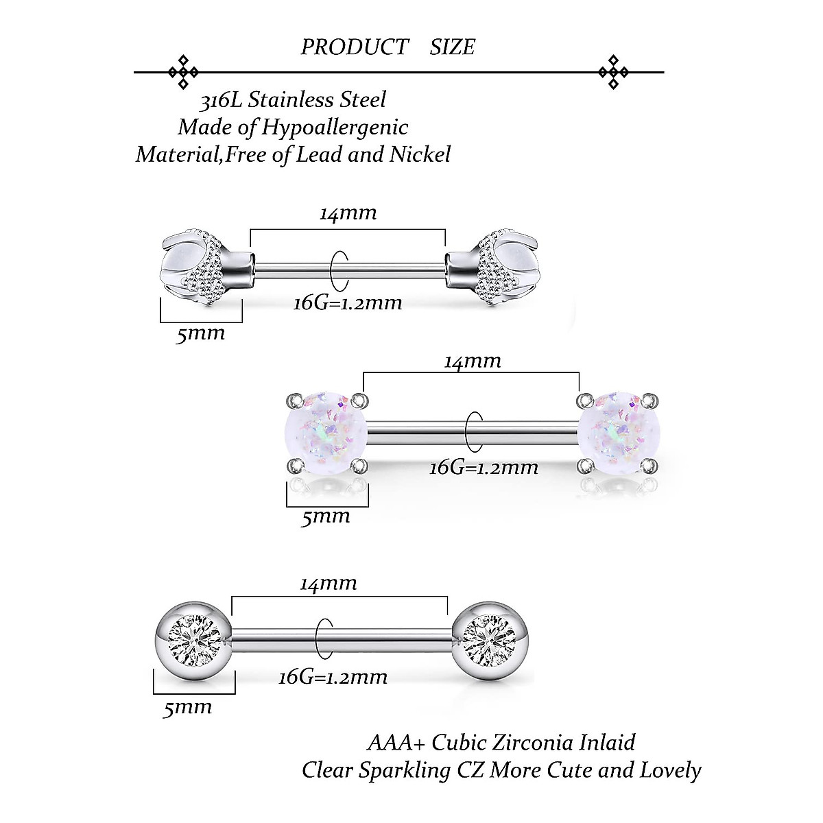 Vsnnsns 16G Nipple Rings for Women Stainless Steel Dragon Claw Nipple Rings Nipple Piercing Jewelry CZ Nipple Rings Surgical Steel Nipple Jewelry Barbell Body Piercing Jewelry Silver 6 Pairs