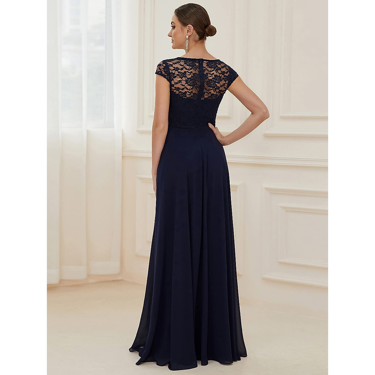 Ever-Pretty Women's Cap Sleeve Floral Lace V-Neck Maxi Summer Dress for Women Navy Blue US6