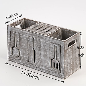 GYJZIFW Kitchen Utensil Holder Cooking Utensil Caddy with 3 Compartments Rustic Wooden Utensil Organizer for Countertop Kitchen Tool Holder Storage for Spoon Forks Knives