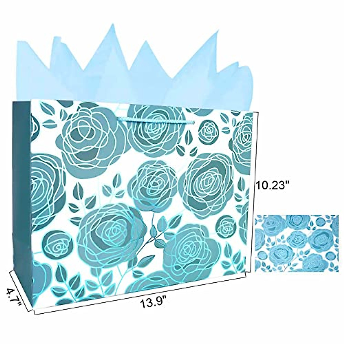 Rose Blue Large Gift Bag with Gift Card, Blue Tissue Paper, Envelope, and Sticker, for Parties, Birthdays, Mother's Day, Weddings, Retirements, Anniversaries, Any Occasion-Hot Stamping Blue Design