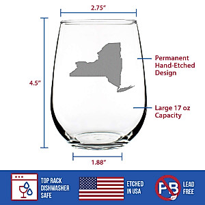 New York State Outline Stemless Wine Glass - State Themed Drinking Decor and Gifts for New Yorker Women & Men - Large 17 Oz Glasses