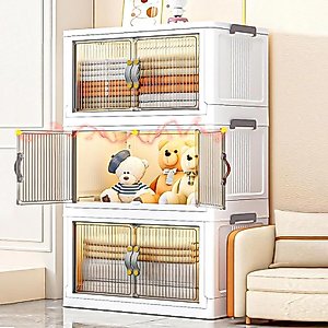 JOYBOS 3 Pack Stackable Storage Bins with Lids and Doors and Wheels -32 Gal Plastic Storage Bins,White Closet Organizers and Storage,Dual Open Doors Collapsible Storage Bins for Home and Office